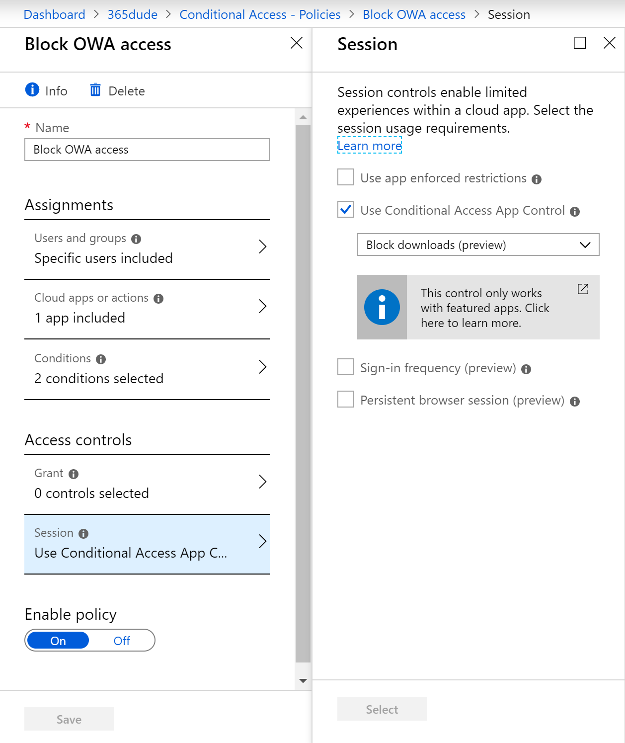 Block webmail access using conditional access
