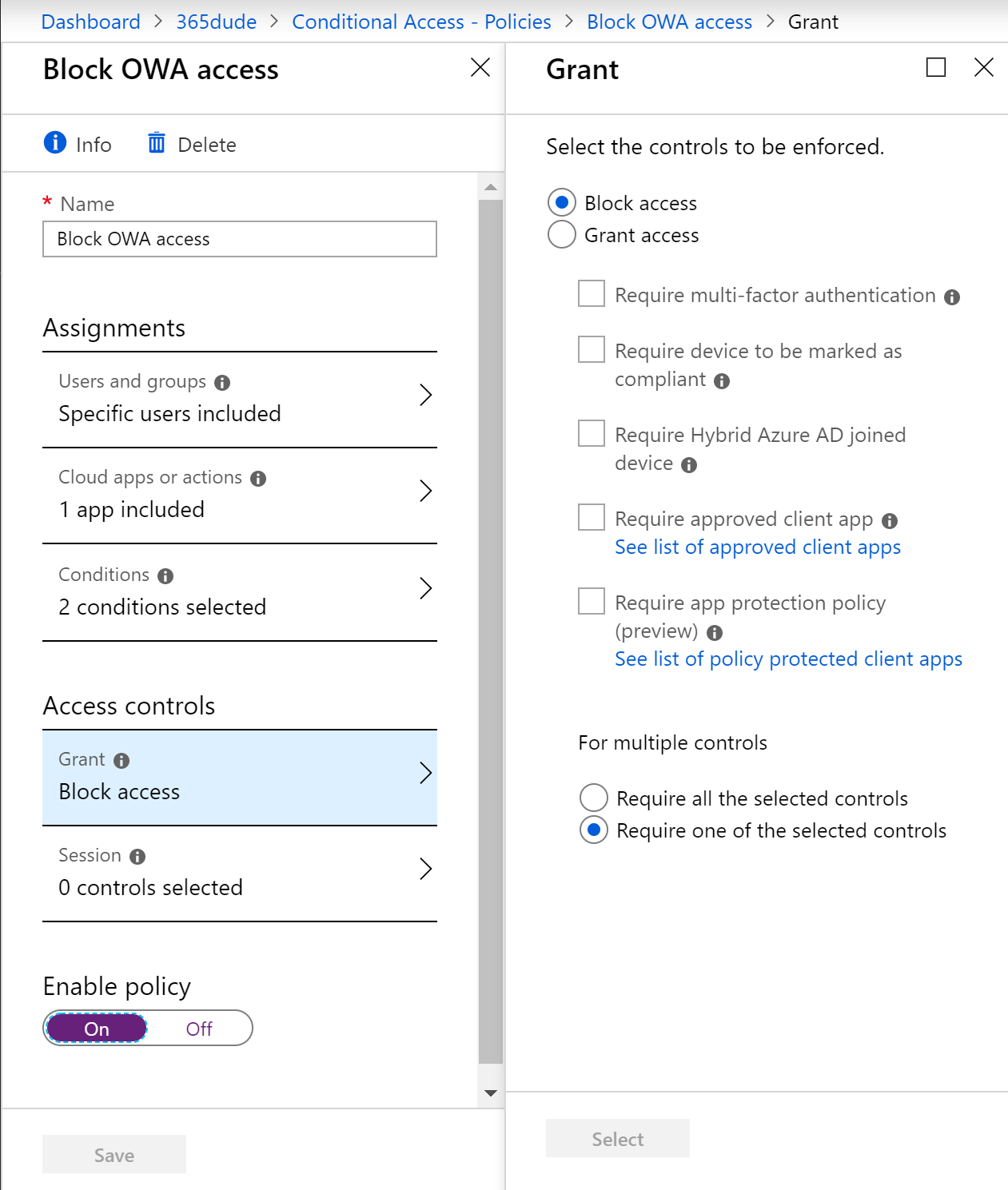 Block webmail access using conditional access