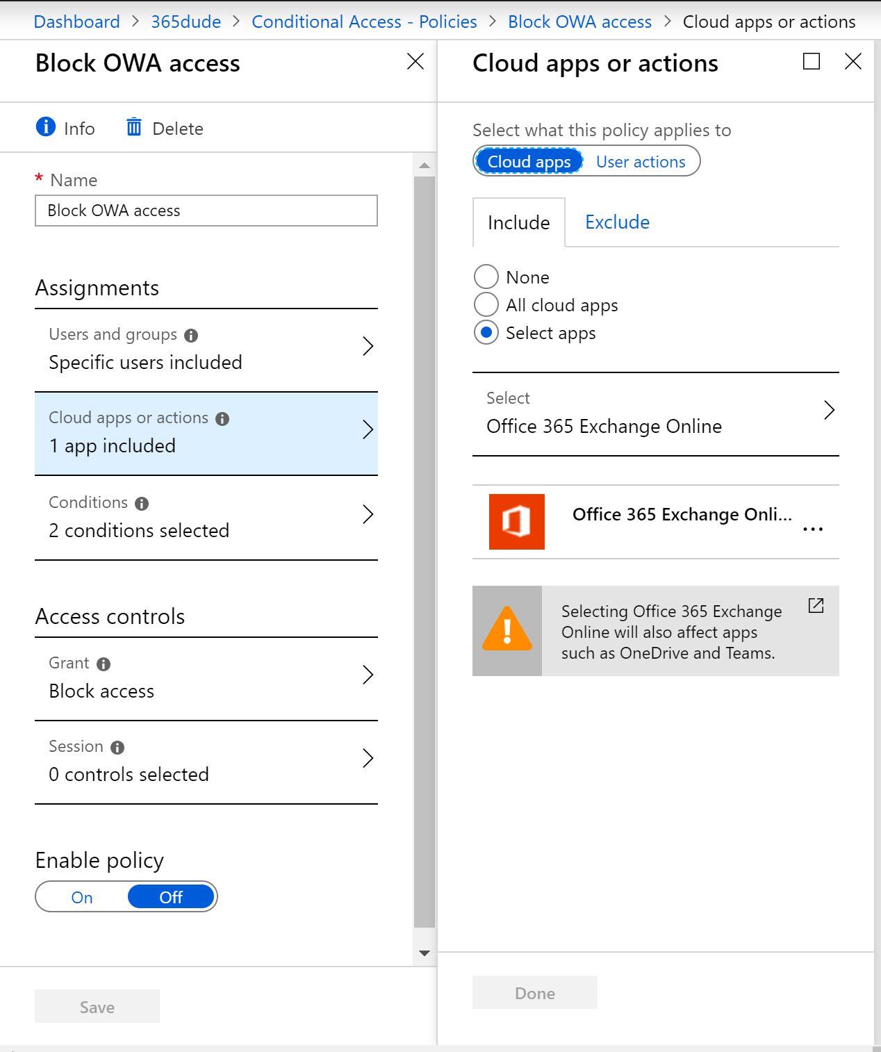 Block webmail access using conditional access